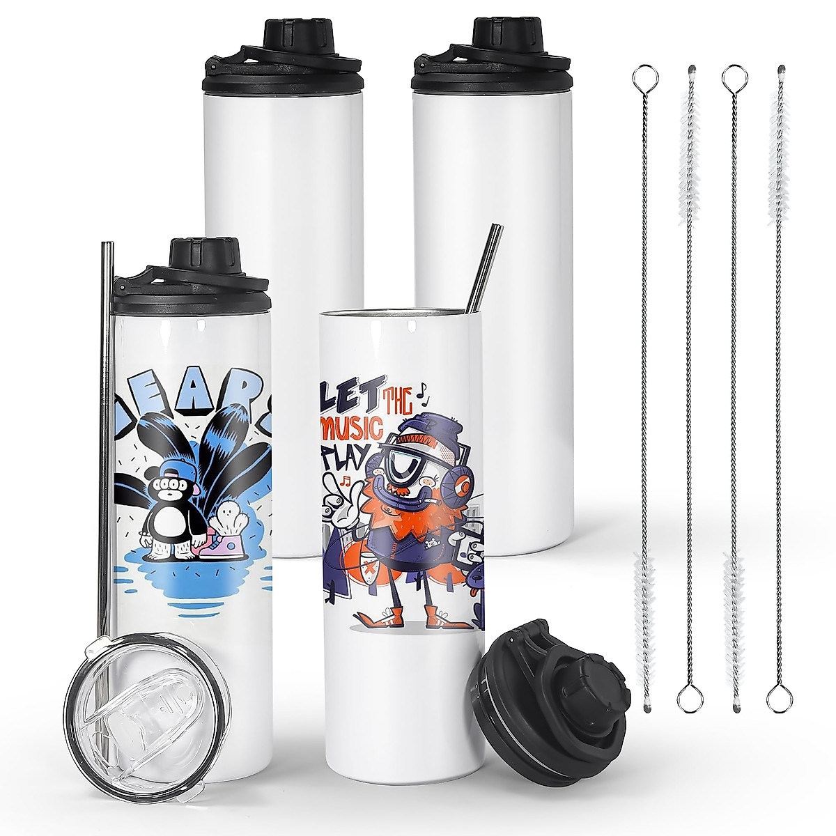 AGH 4 Pack Sublimation Sports Water Bottle Blanks 20 oz Sublimation Water Bottles Tumblers Double Wall Stainless Steel Vacuum Flask With Straw and Portable Handle for Sport Outdoor Travel, White