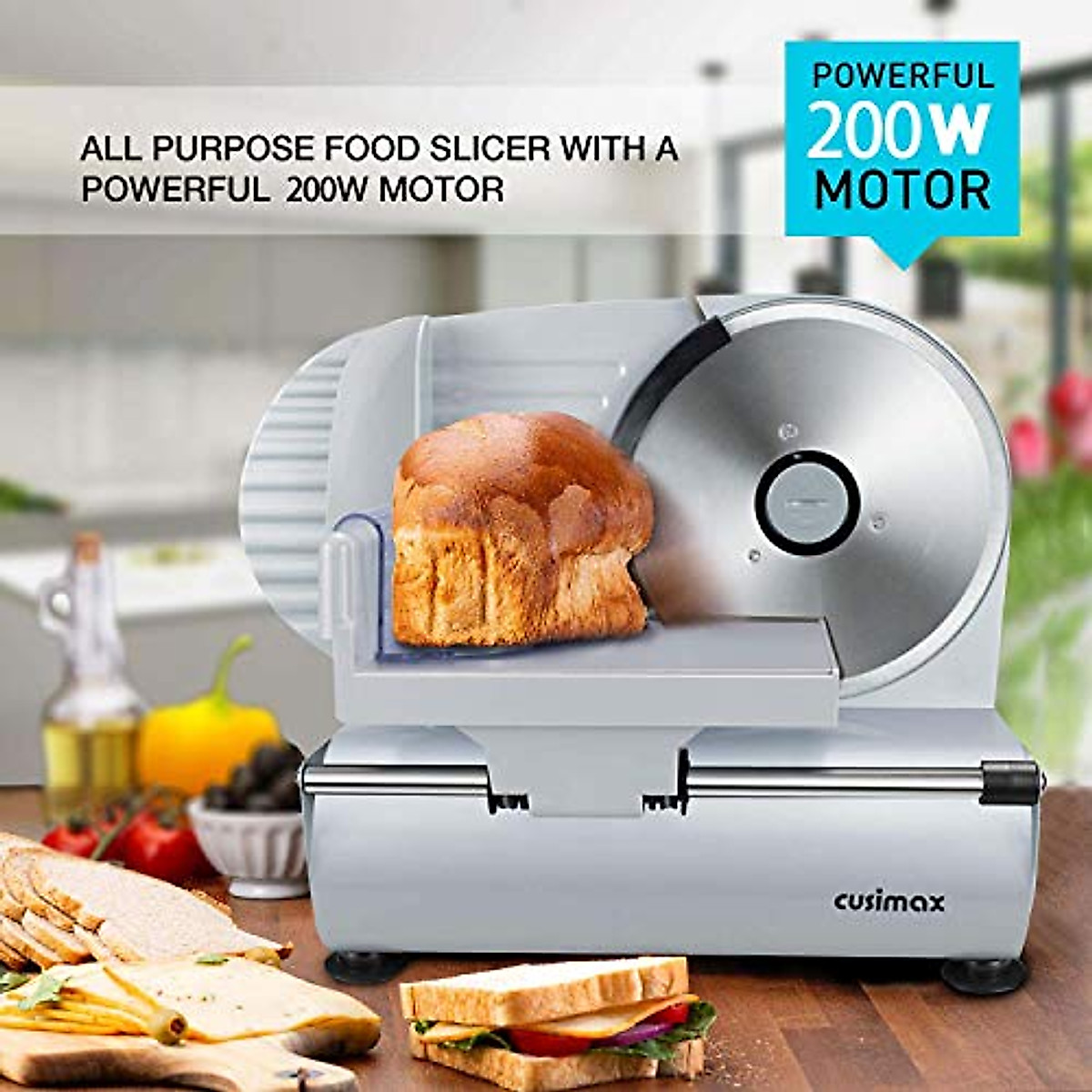 Meat Slicer, CUSIMAX Electric Deli Food Slicer with Two 7.5'Removable Stainless Steel Blades and Pusher, Cheese Fruit Vegetable Bread Cutter, Adjustable Knob for Thickness, Food Carriage