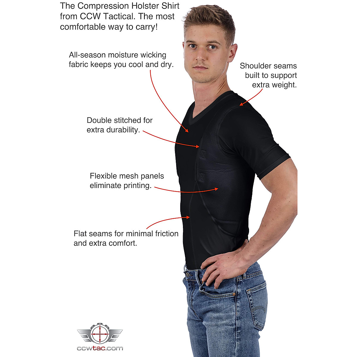 CCW Tactical Concealed Carry Holster Shirt | Secure Hook & Loop Pocket with Large Storage | All Season Moisture Wicking Compression Shirt | Mens V-Neck, Black XL