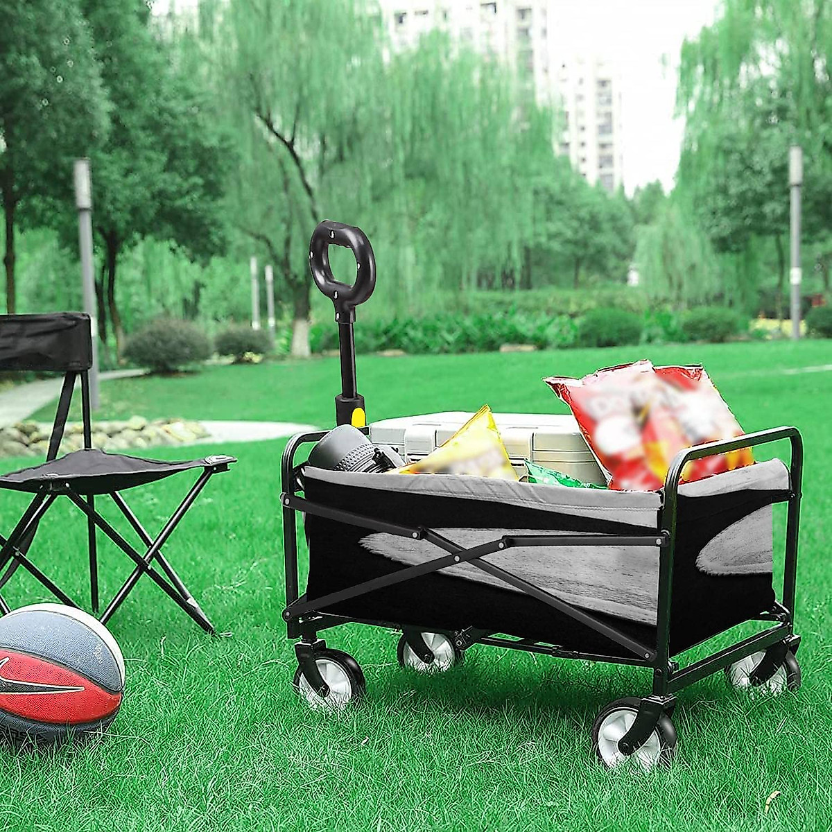 Collapsible Wagon Cart Curvy Wave in The Sand Shore of Beach in Black and White Foldable Utility Wagon Large Capacity Garden Cart with Push Bar for Beach Camp Outdoor Shopping