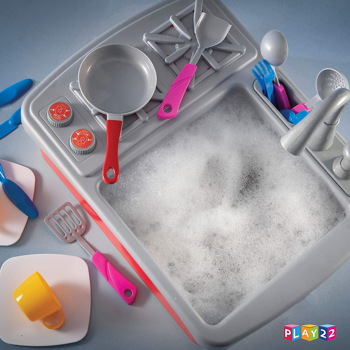 Play22 17 Pc Kids Play Sink with Running Water - Kitchen Sink Toy - Toddler Sink Toy with Real Faucet & Drain, Dishes, Utensils - Play Cooking Stove W/Pan - Kitchen Toys for Toddlers & Kids