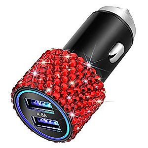 OTOSTAR Dual USB Car Charger, 4.8A Output, Bling Crystal Diamond Car Decorations Accessories Fast Charging Adapter for iPhones Android iOS, Samsung Galaxy, LG, Nexus, HTC (Red)