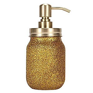 Quotidian Glitter Mason Jar Bathroom Set 5 Piece with Soap Dispenser,Flower Vase, Toothbrush Holder for Wedding House Decor Countertop and Vanity Organizer Bathroom Accessory Sets (Gold)