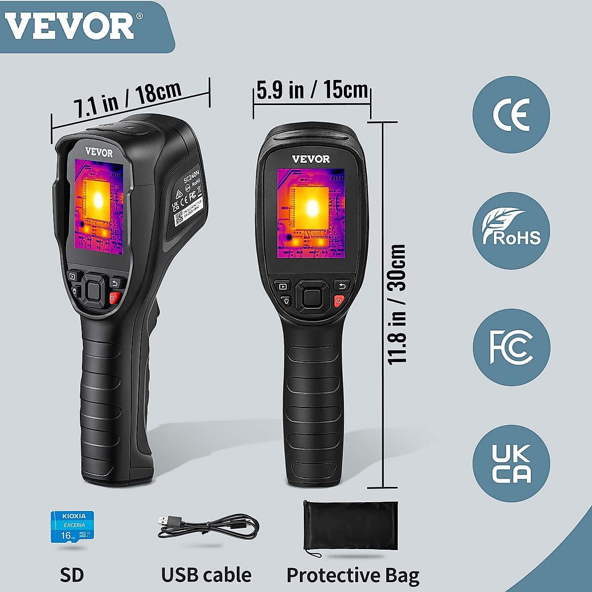 VEVOR Thermal Imaging Camera, 240x180 IR Resolution (43200 Pixels), 20Hz Refresh Rate Infrared Camera with -4℉~662℉ Temperature Range, 16G Built-in SD Card, and Rechargeable Li-ion Battery