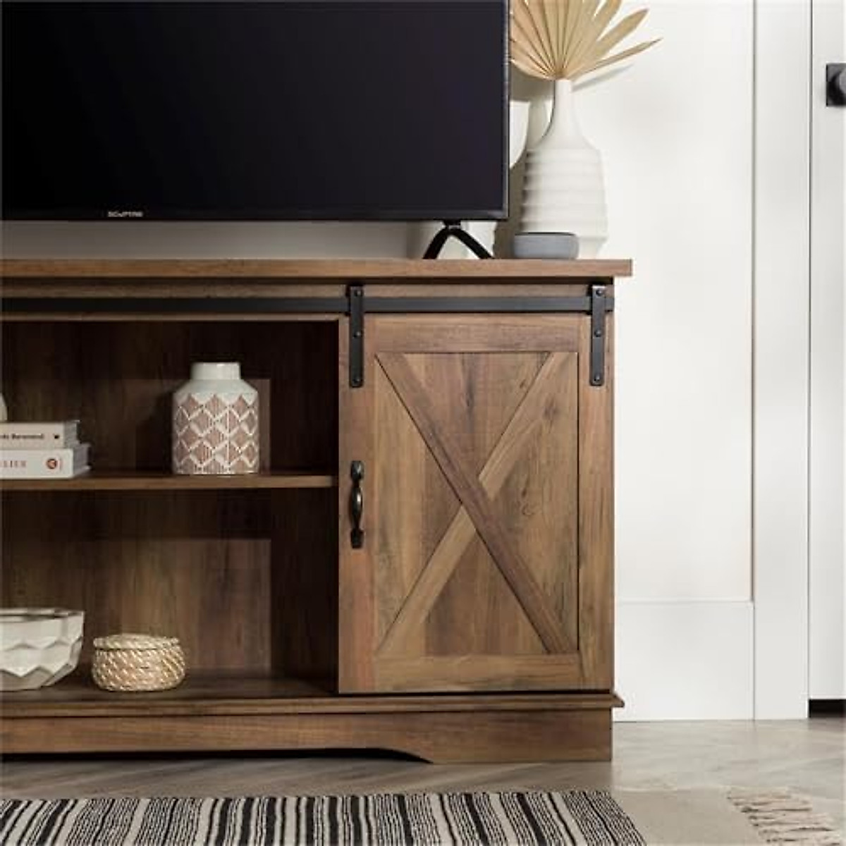 Walker Edison Richmond Modern Farmhouse Sliding Barn Door TV Stand for TVs up to 65 Inches, 58 Inch, White Oak/ Traditional Brown