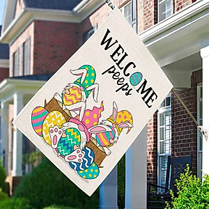 Ksoemar Easter Flag 28 x 40 Double Sided, Welcome Peeps Bunny Gnomes Easter House Flags, Large Burlap Yard Flag,Spring Gnomes Eggs Rabbit Welcome Easter House Decoration