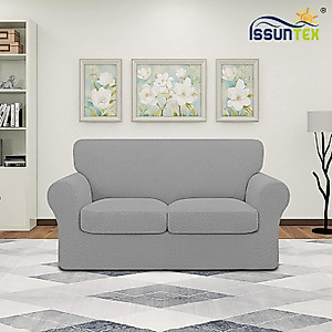 ISSUNTEX 3 Pieces High Stretch Thicken Loveseat Couch Covers, Soft Sofa Slipcover for 2 Separate Cushion Couch, Jacquard Fabric Elastic Sofa Cover Furniture Protector for Dogs (Loveseat, Light Gray)