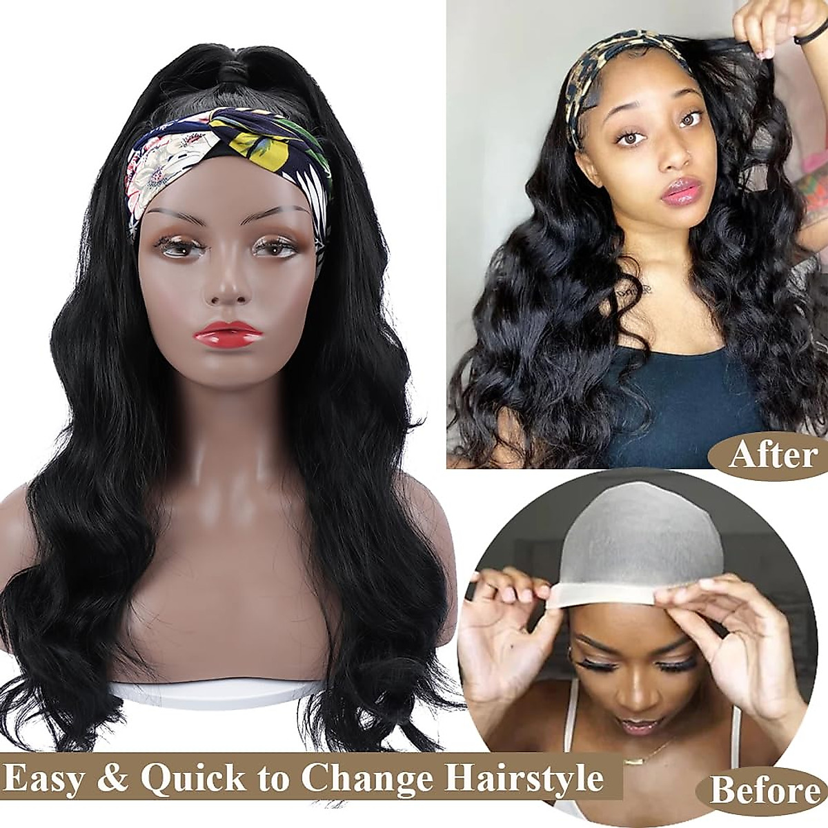 Colorful Queen Glueless Headband Wig Long Black Body Wave Headband Wigs for Black Women Synthetic Natural Looking Wavy Wig Heat Resistant 180% Density (26inch, 1B#)