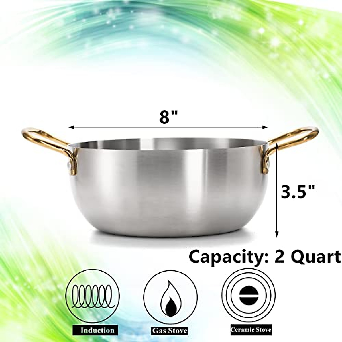 DEAYOU Ramen Cooking Pot, 8" Stainless Steel Pasta Stockpot, Small Everyday Pan with Double Handle, Korea Noodle Pot, Induction Saucepan Stewpot for Stovetop, Soup, Egg, Stir Fry, Fast Heating, 2 QT