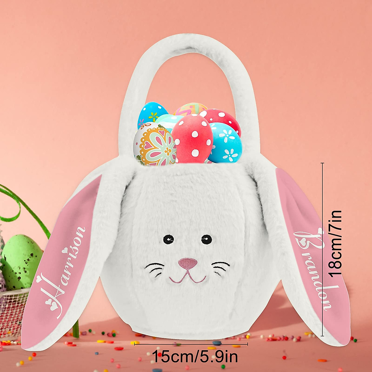 Personalized Easter Buckets with Name Custom Plush Buny Easter Basket with Handle Long Ears, Customized Egg Hunting Bags Easter Gift for Boys Girls, Easter Tote Bag for Candy（Brown）