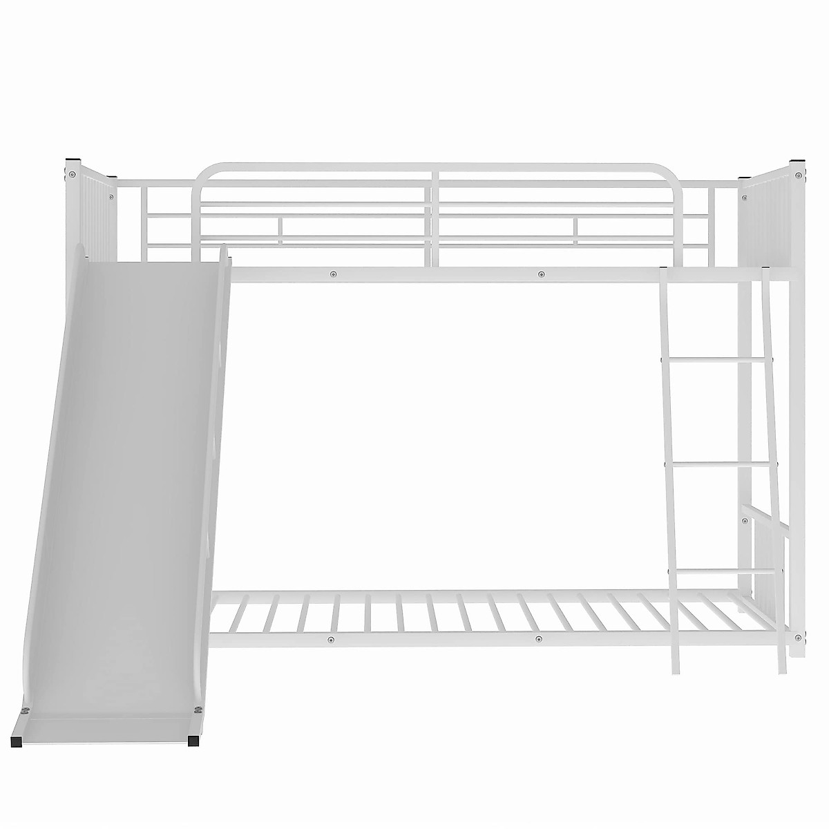 RUNWON Twin Over Twin Low Bunk Bed with Slide, Metal Floor Bedframe w/Easy Climp Ladders and Full Length Safety Guard Rails for Kids Bedroom
