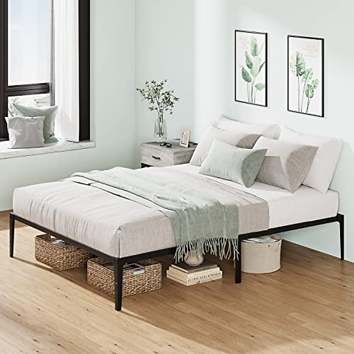 Alkmaar Queen Size Bed Frame, 14 Inch Black Metal Queen Bed Frame, No Box Spring Needed, Noise Free, Queen Size Platform Bed Frame