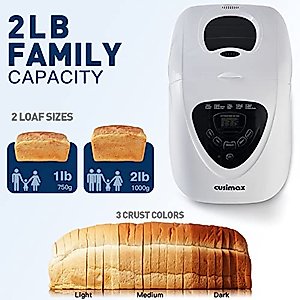 CUSIMAX Bread Machine, 2 LB Loaf Breadmaker, 15-in-1 Bread Maker Machine for Gluten Free Bread, 650 W Automatic Bread Making Machine with Nonstick Pan, 15H Delay Timer Settings, 1H Keep Warm, White