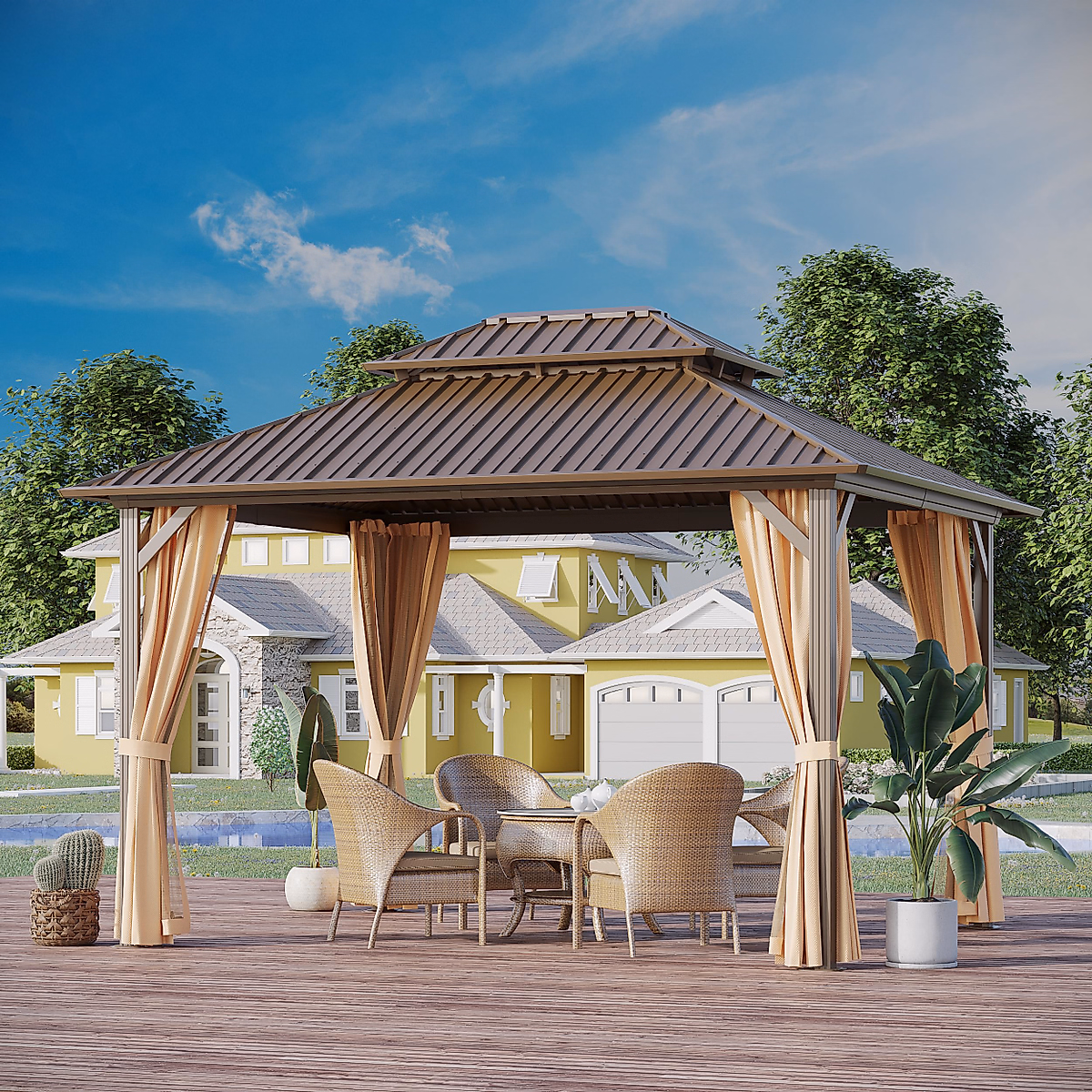 GAZEBEST 10x12 ft Hardtop Gazebo Outdoor Aluminum Patio Gazebo Double Roof Galvanized Steel Canopy with Netting and Curtains for Garden, Backyard, Deck and Lawns.