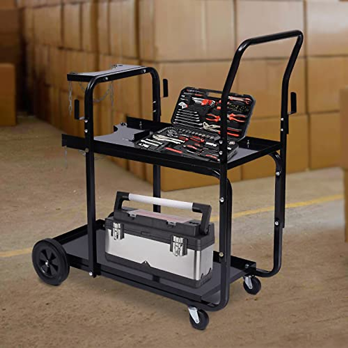 Futchoy Welding Trolly Cart，2-Tier Welding Cart Welder Portable Heavy Duty for Plasma Cutter Arc with Tank Storage Trolley Workshop Organizer