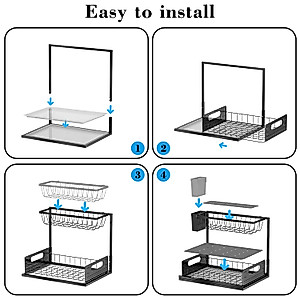 untovei 2 Pack Under Sink Organizer, Metal Pull Out Under the Sink Organizer Bathroom,2 Tier under kitchen sink organizers and storage with hanging cups,Under Sink Mat for Bathroom/kitchen/cabinet