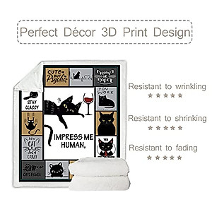 Sleepwish Funny Black Cat Blanket Gifts for Cat Wine Lovers Girl, Black Cat Red Wine Throw Plush Blankets for Adults Women Lightweight Fleece Christmas Blankets for Chair Couch Bed (Throw 50"x60")