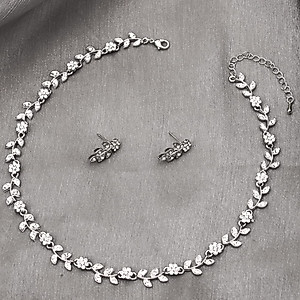 Enrwin Austrian Crystal Rhinestone Choker Necklace Dangle Earring Link Bracelet Jewelry Set for Brides Bridesmaid Prom Costume Accessories for Women (White-Platinum Plated)