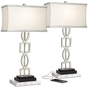 360 Lighting Evan Modern Table Lamps with White Marble Risers USB Charging Port 28 1/2" Tall Set of 2 Brushed Nickel Rectangular Shade for Bedroom Living Bedside Nightstand Home Office Desk