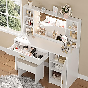 Vanity Desk with Mirror and Lights, 43'' Tabletop Makeup Vanity with Multiple Shelves & Large Cabinet, 3 Color Lighting Modes Adjustable Brightness, Makeup Table with Soft Cushioned Stool, White