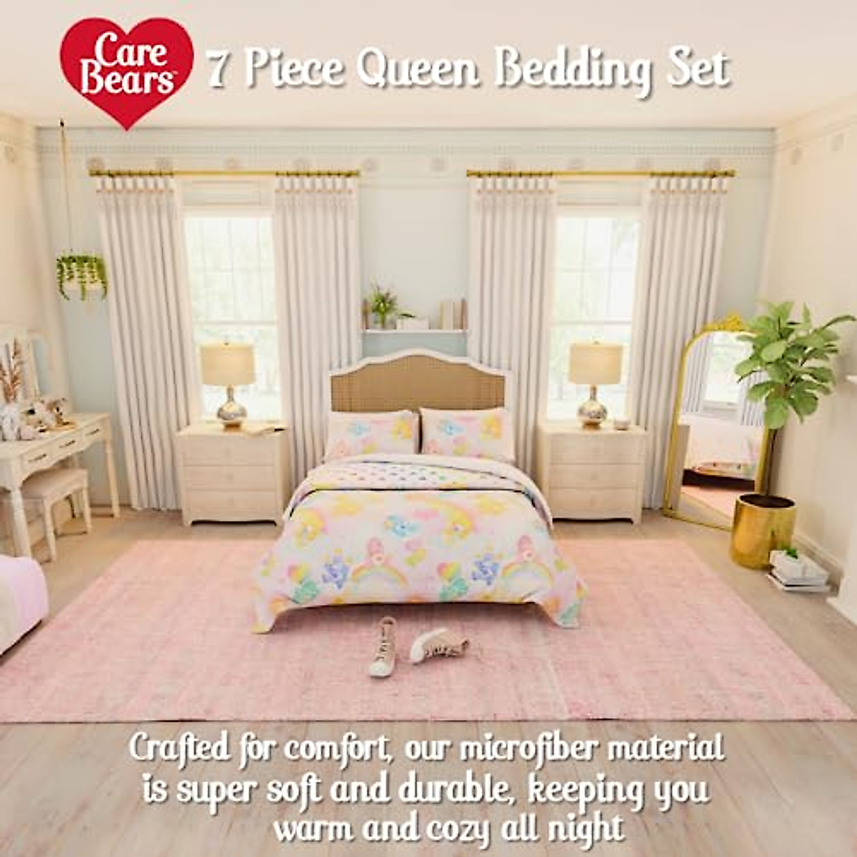 Franco Care Bears Classic Retro Rainbow Bedding 7 Piece Super Soft Comforter and Sheet Set with Sham, Queen, (100% Official Licensed Product) Collectibles