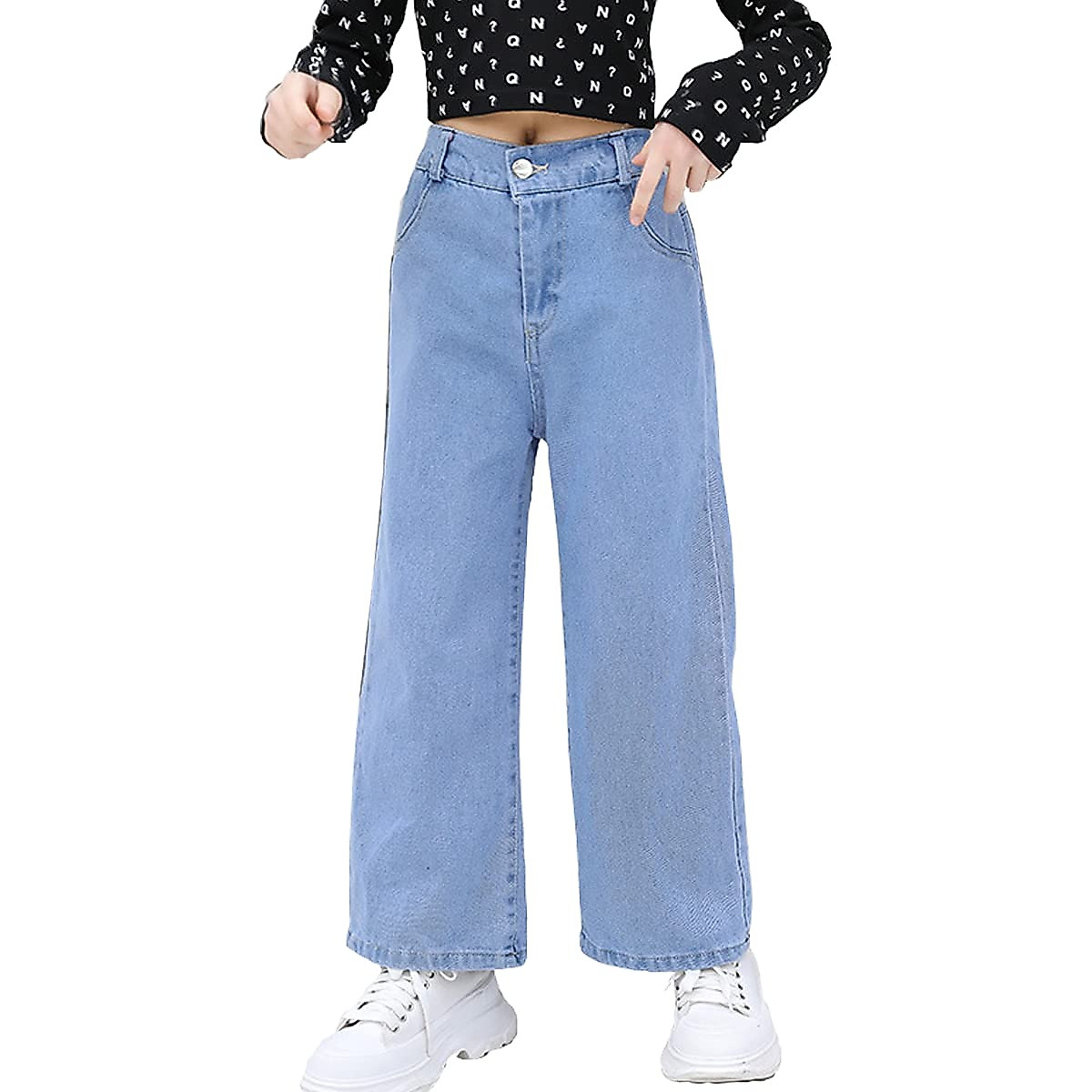Milokado Big Girls Kids Jeans Casual Elastic Waist Wide Leg Demin Pants Size 5-13 Years (Blue Z, 12-13 Years)