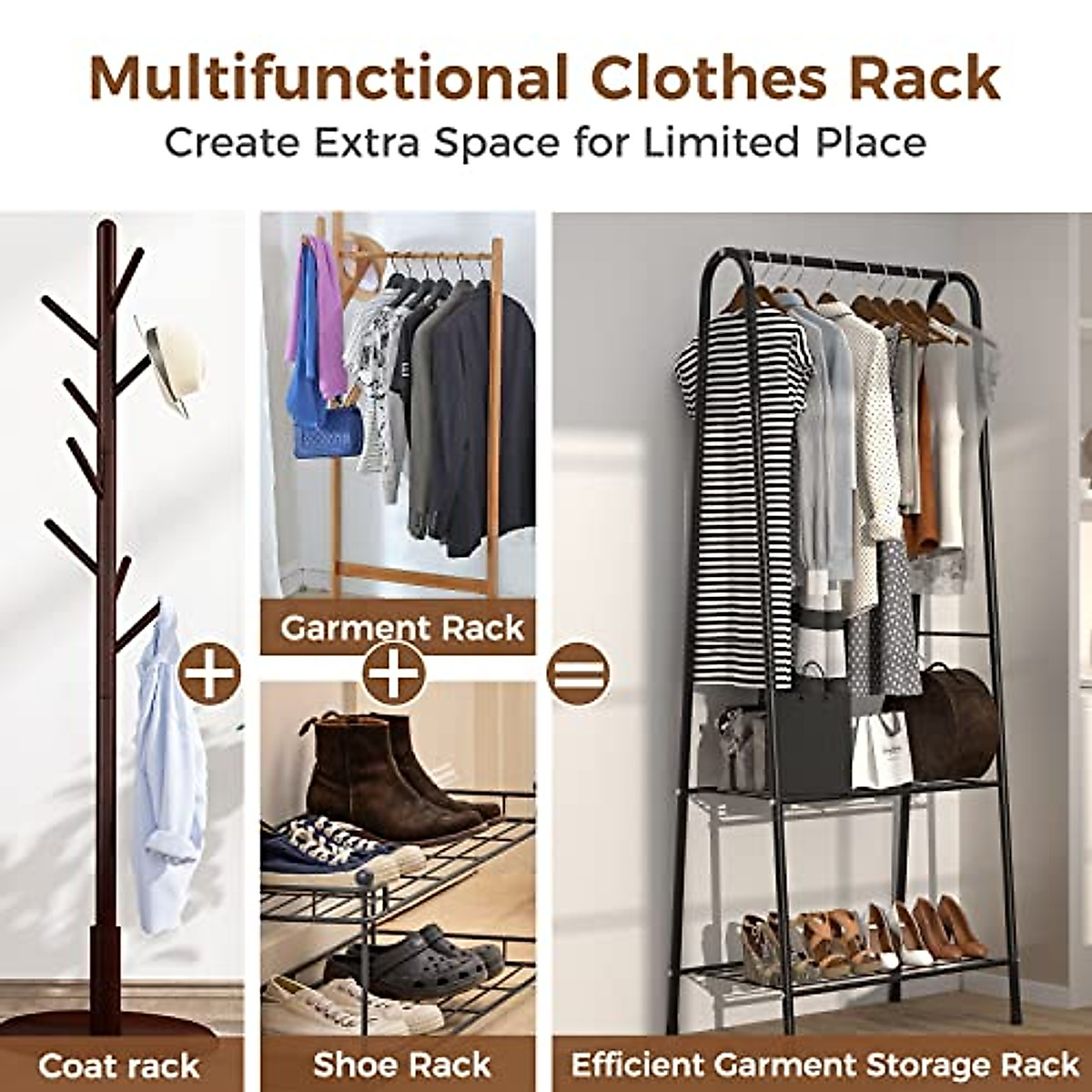 JEROAL Clothing Garment Rack, Coat Organizer Storage Shelving Unit, Entryway Storage Shelf with 2-Tier Metal Shelf, Black