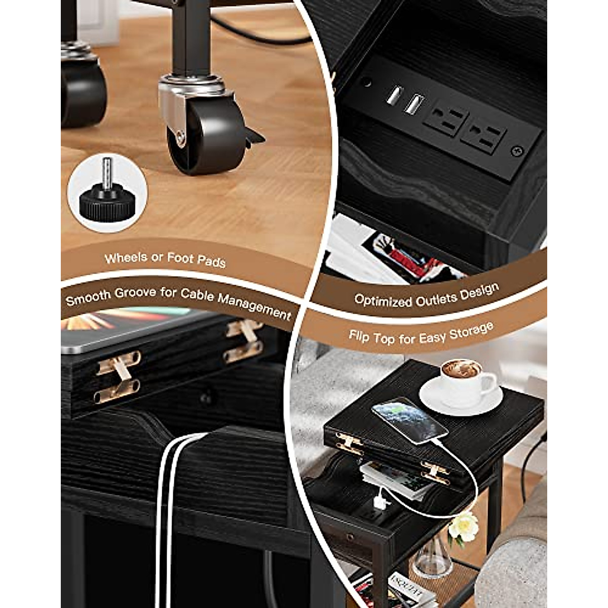 Egepon End Table with Charging Station, Side Table Narrow Flip Top with USB Ports & Power Outlets for Small Spaces, Sofa Table Nightstand with Storage Shelves Rolling Wheels for Living Room Bedroom