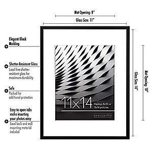 Americanflat 11x14 Picture Frame in Black - Thin Border 8x10 Picture Frame with Mat or 11x14 Frame Without Mat - Shatter Resistant Glass - Horizontal and Vertical Formats for Wall