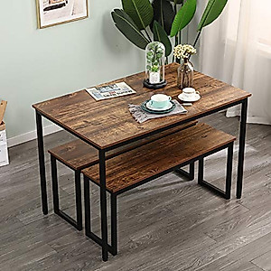 soges Kitchen Table Set with 2 Benches, Bench Dining Table Set for 4, 3 Piece Dining Room Table and Long Benches, Breakfast Table Coffee Table Set, Industrial Style Wooden Kitchen and Dining Room Set