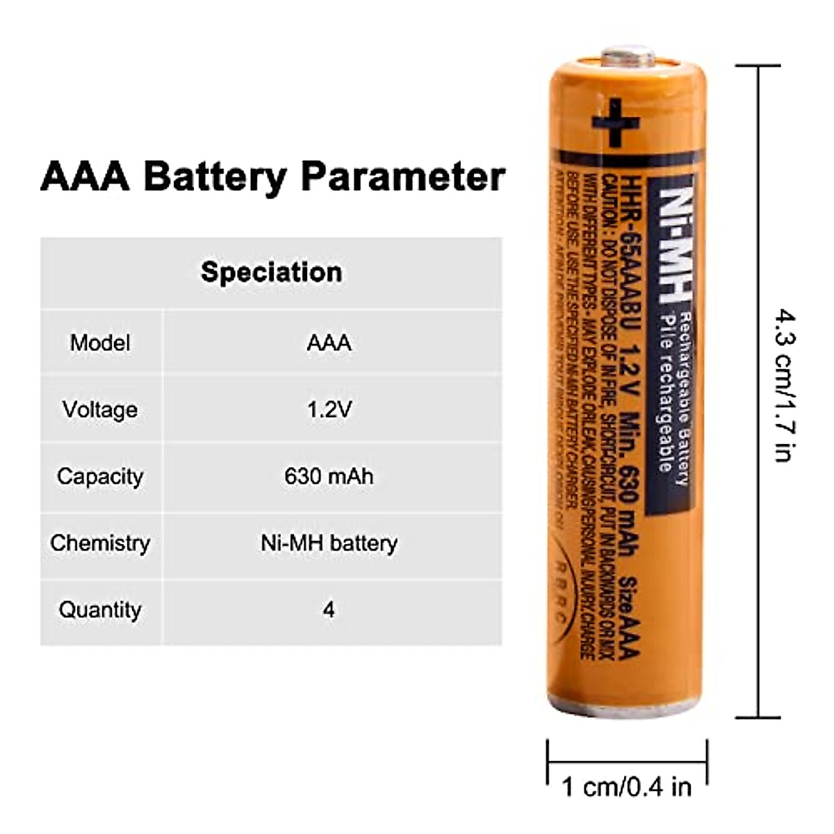 pingju NI-MH AAA Rechargeable Battery 1.2V 630mah 4-Pack AAA Batteries for Panasonic Cordless Phones, Remote Controls, Electronics