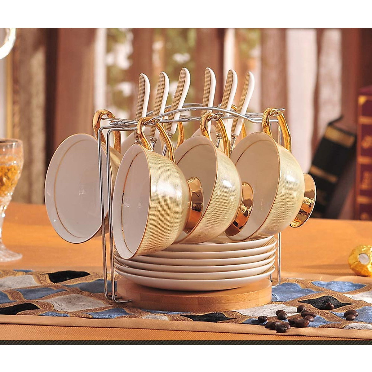 Jusalpha Teacup-Coffee Mug Holder with Bamboo Stand for Saucer, Teacup Display Stand, Capacity 6