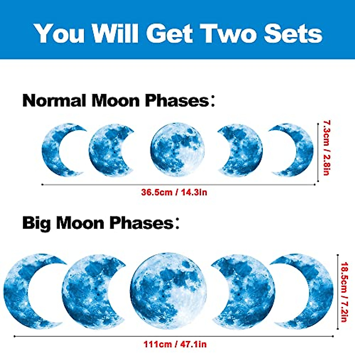 Large Glow in The Dark Moon Wall Decals Luminous Space Planet Moon Phases Wall Sticker Glow in The Dark Stickers for Ceiling Removable Vinyl Boho Wall Decor for Kids Boys Girls Bedroom Nursery… (Moon Phases-Blue)