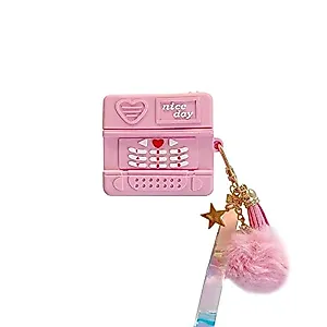 Cute Silicone Girly Pink Pro Clasic Retro Telephone Shaped Headphone Case Compatible with Airpods Pro and Airpod3 Headphones Funny Cover with Ball Pom Pom Keychian for Girls Women Best Gift