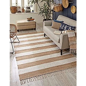Unique Loom Chindi Rag Collection Hand Woven Striped Natural Fibers Beige Area Rug (8' 0 x 10' 0)