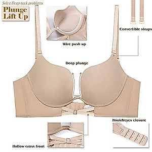 Haullps Deep Plunge Push Up Bra for Women Low back Bra Wire Lifting Bra with Multiway Convertible Straps Nude