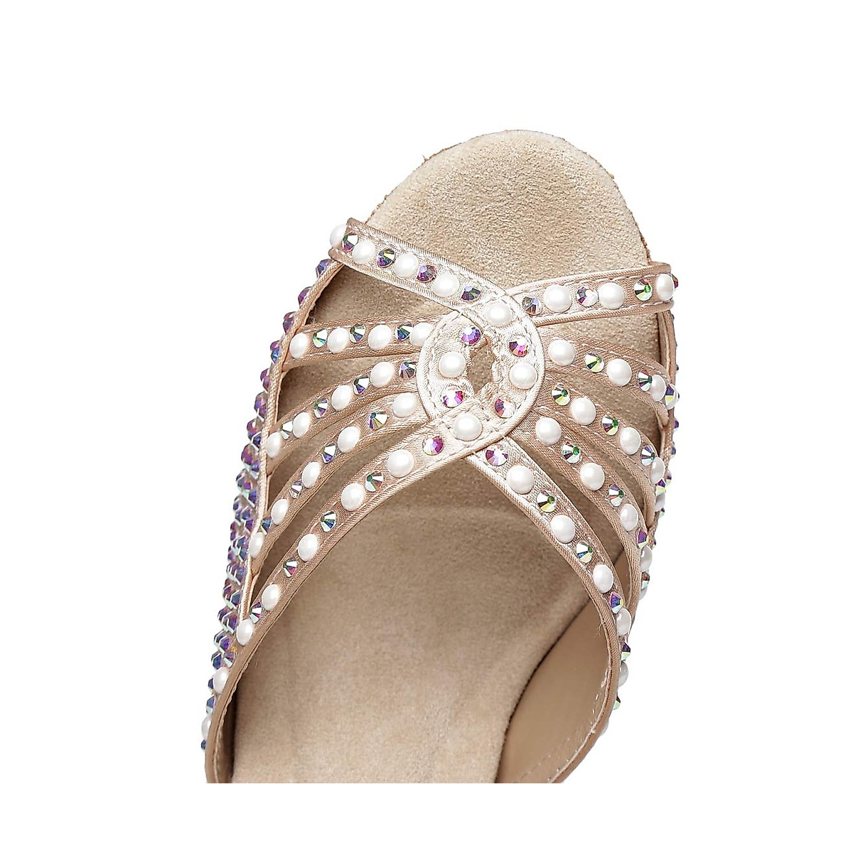 Minishion Women's Ankle Strap Beading Nude Satin Ballroom Dance Shoes Evening Sandals US 4