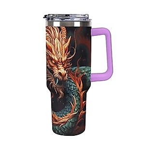LLUTSNTH 40 Oz Vacuum Tumbler with Violet Handle Leakproof Insulated Tumbler Chinese Dragon Stainless Steel Travel Mug with Lid And Straw Coffee Cup Cute Water Bottles Cup Holder Friendly