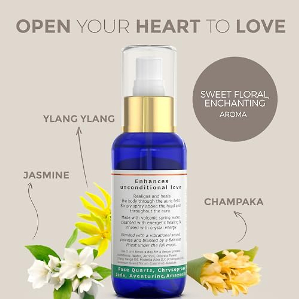 BALIPURA Pure Love Aura Spray - Organic Jasmine & Ylang Ylang Essential Oils - Attraction Mist with Quartz Crystals - Aromatherapy Room Spray for Abundance, Cleanse, and Self-Love