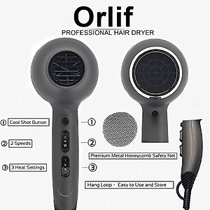 Orlif 1875W Hair Dryer，Ionic Fast Dry Noiseless Hair Blow Dryer with AC Motor，Professional Salon Hair Dryers with Diffuser，Concentrator，2 Speed and 3 Heat Settings，Cool Shot Button，Gray