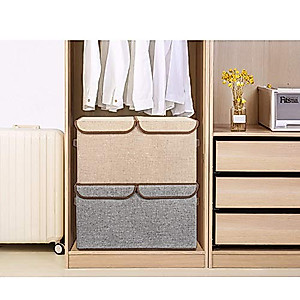UUJOLY Cube Storage Bins with Lids Storage Box with Lids Linen Fabric Foldable Basket Cubes Organizer Storage Drawer with Lids and Handles for Home, Office, Closet, Bedroom, Nursery, Khaki