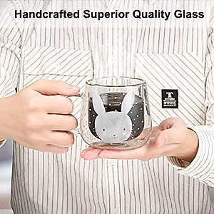 KASOGRY Coffee Cup Clear Coffee Mug, 11oz Double Wall Glass Tea Cup, Insulated Layer Borosilicate Glass Mugs, Handcrafted Funny Coffee Mugs for Women/Men Gift Hot Beverage-Bunny