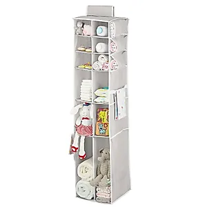 mDesign Long Fabric Hanging Organizer, Over Closet Rod Storage, 12 Shelves/Side Pockets for Nursery Bedroom Organization - Hold Clothes, Linens, Toys, Accessories - Jane Collection - Light Gray/White