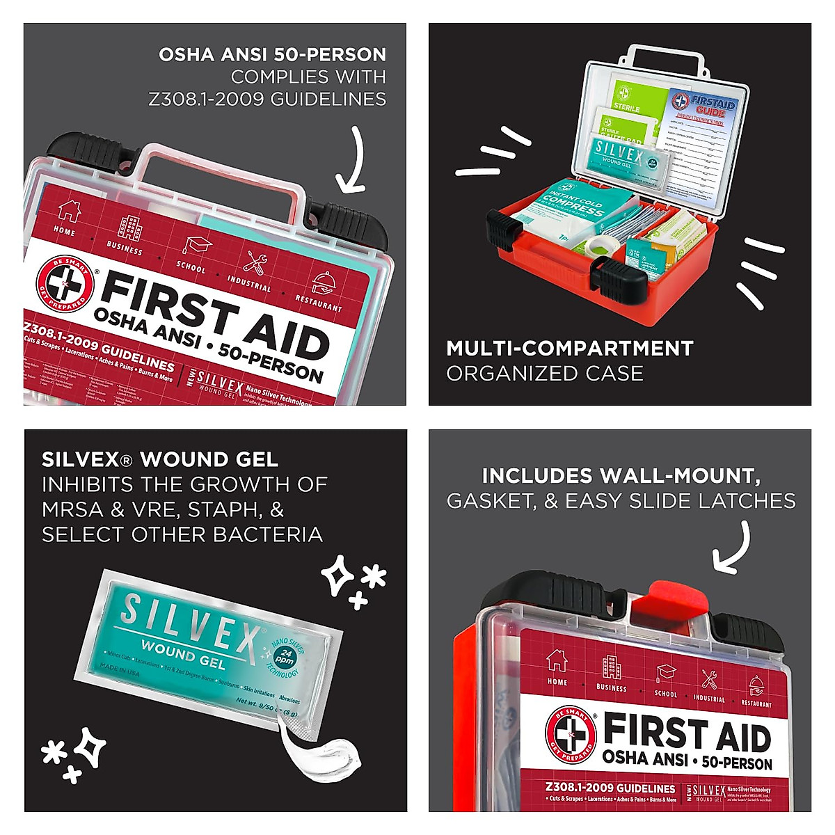 Be Smart Get Prepared OSHA/ANSI First Aid Kit - 50 Person, 250 Pieces - Designed for Home, Business, School, Industrial, and Restaurants - Compact & Portable