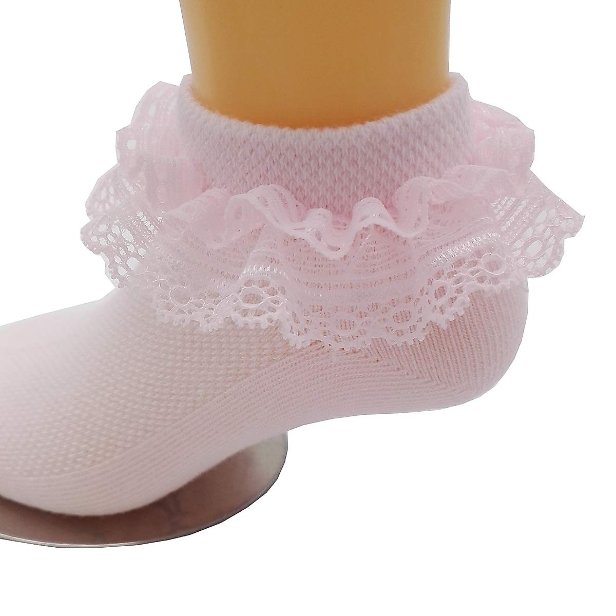 Xiyadun Girls Ruffle Lace Eyelet Frilly Ankle Dress Socks for Infant/Toddler/Girl(Black,White,Pink,5-7 Years)