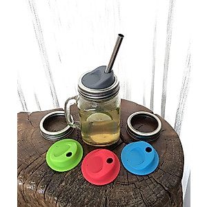 THINKCHANCES Reusable Food Grade and BPA Free Silicone Round Sip Coffee Juice Drinking Straw Lid Set with Stainless Steel Rings for Mason, Ball, Canning Jars, Pack of 4 Sets (Wide Mouth,Round Hole)