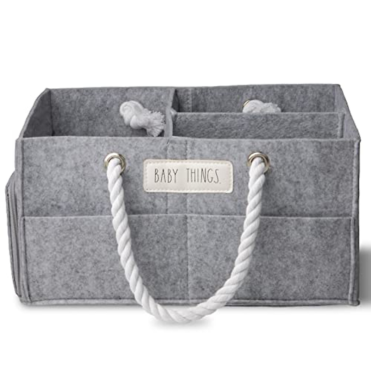 Rae Dunn Baby Diaper Caddy Organizer, Baby Things Storage Organizer for Nursery, Changing Table and Car, Portable Basket for Baby Items, Baby Shower Gifts, Grey Felt with Rope Handles, Small