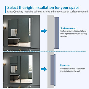 Quavikey Aluminum Medicine Cabinet with 2 Doors Recessed or Surface Mount Bathroom Mirror Cabinets 24x26 Inch, Silver