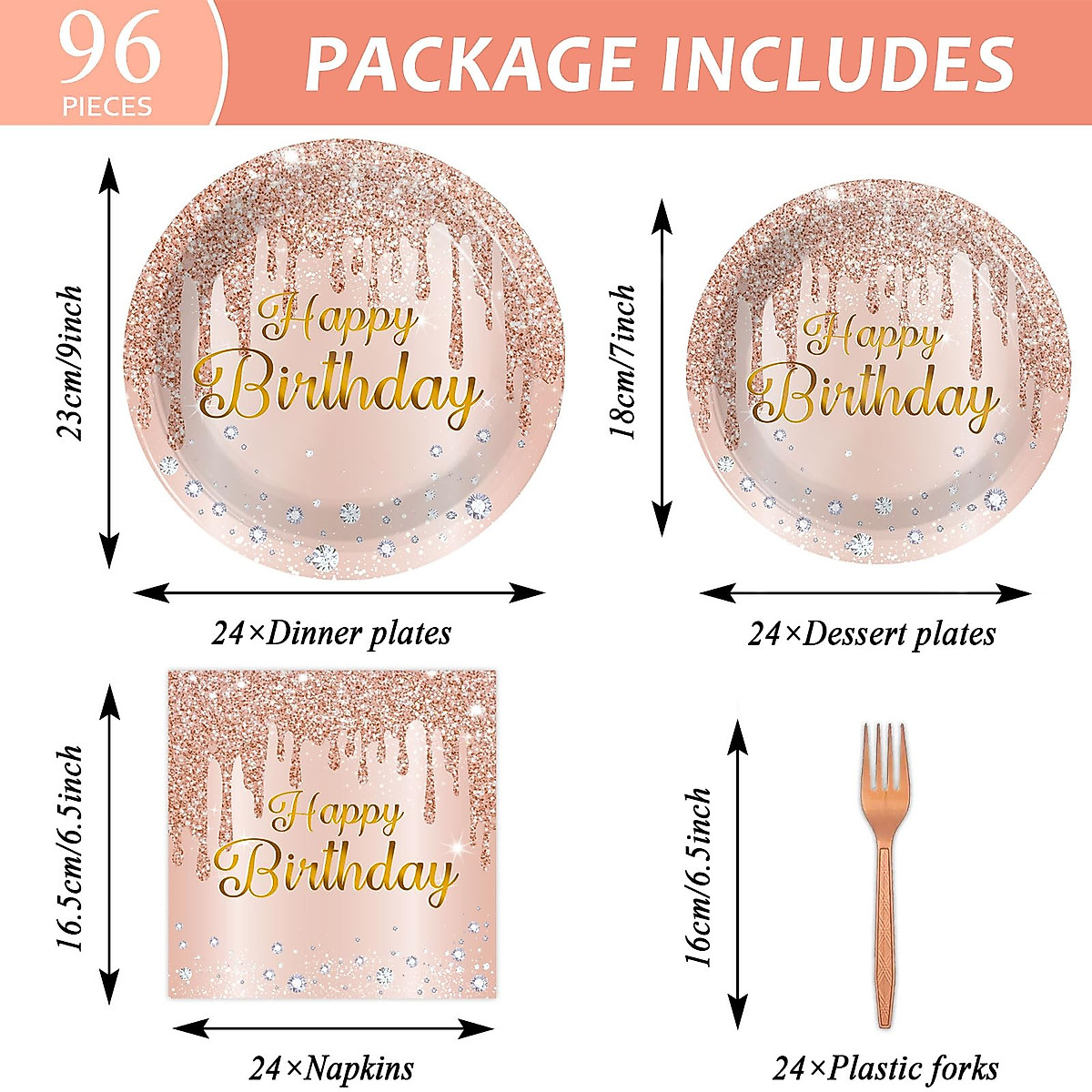 96 Pieces Happy Birthday Tableware Set for Pink Rose Gold Birthday Table Decorations Supplies Rose Gold Birthday Dessert Plates Napkins Forks for Women 24 Guests Birthday Disposable Party Favors