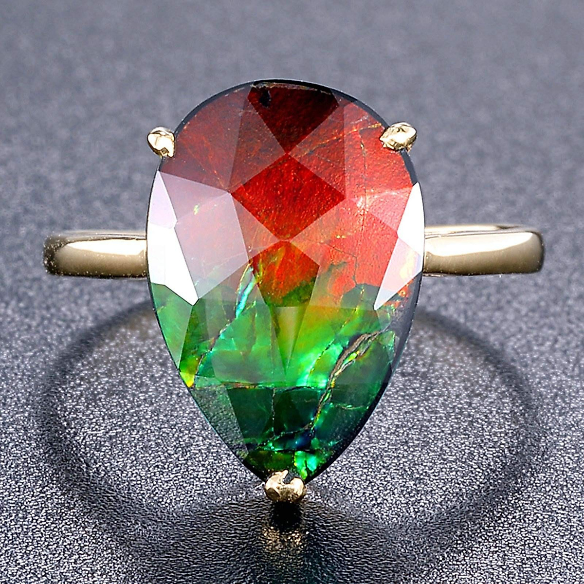 KnBoB Women Teardrop 3 Claws Pear Shape 2.15ct Ammolite Ring 18K Gold Promise Wedding Engagement Bridal Anniversary Ring Size 10.5